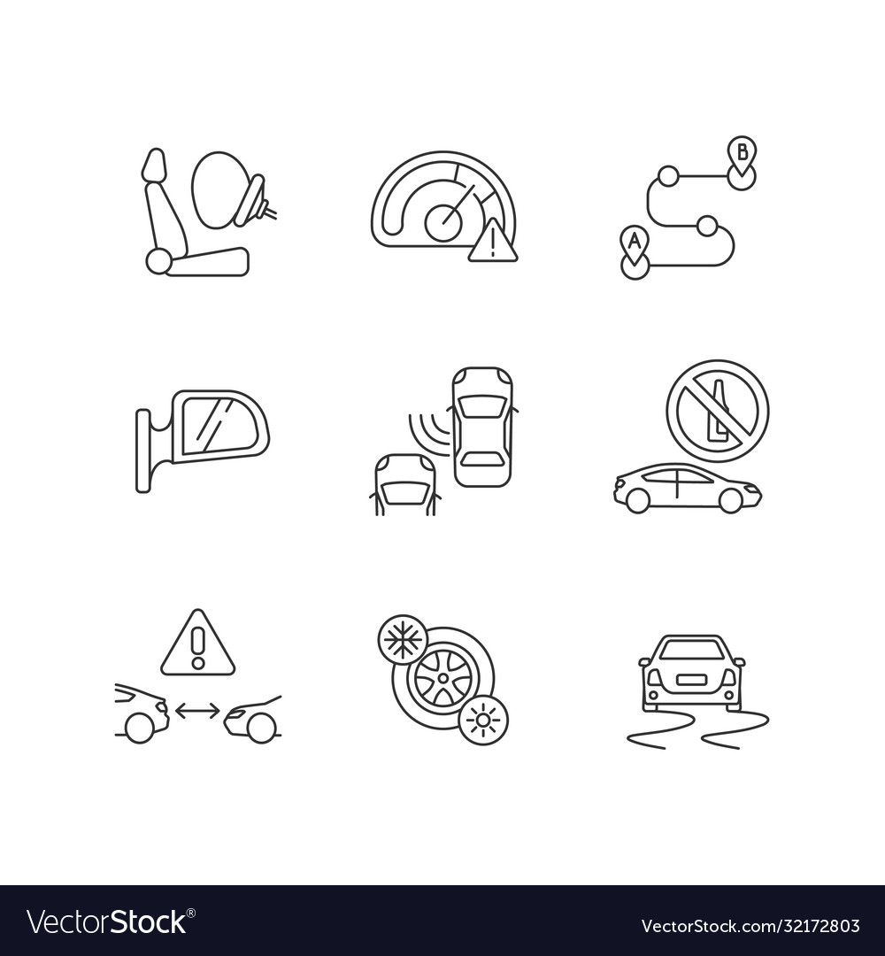 Safe driving pixel perfect linear icons set Vector Image