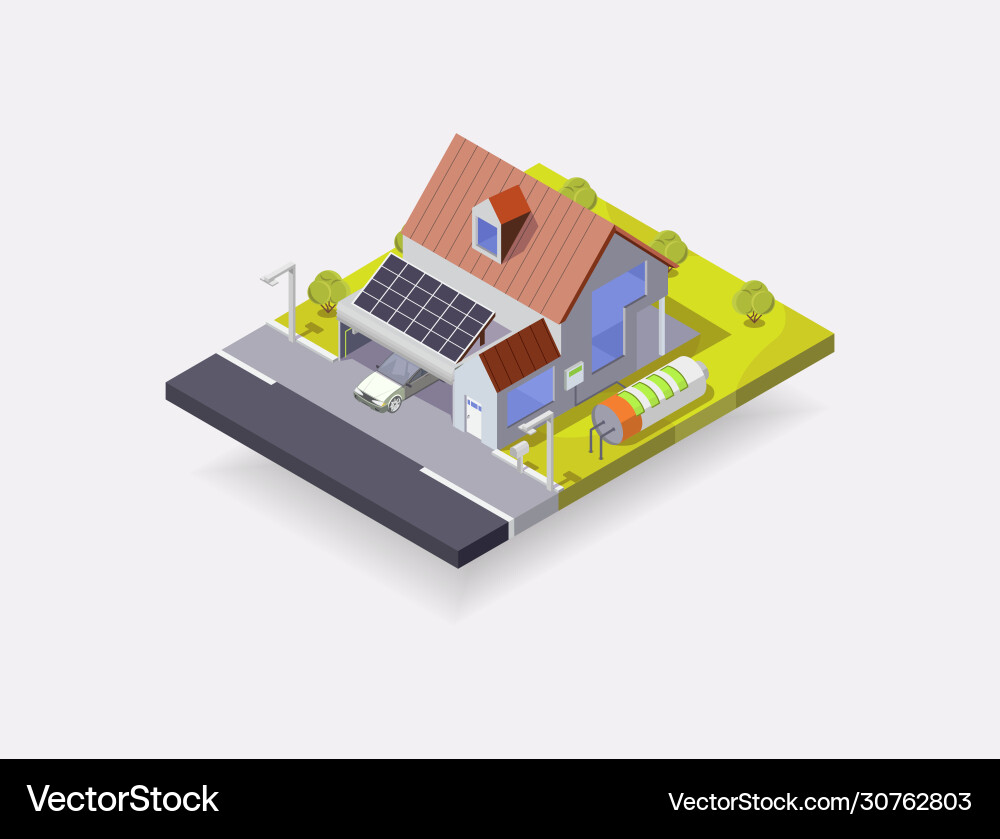 Solar house isometric house with battery Vector Image