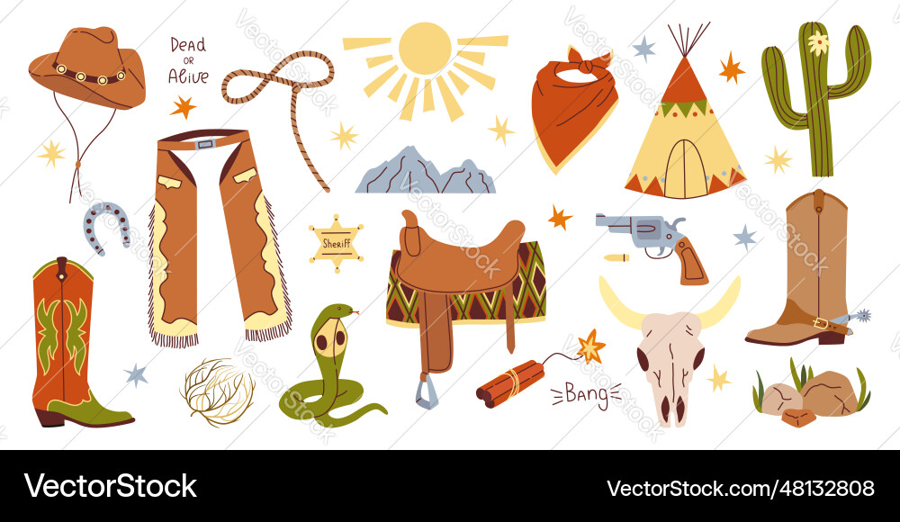 Set isolated design elements of wild west in flat Vector Image