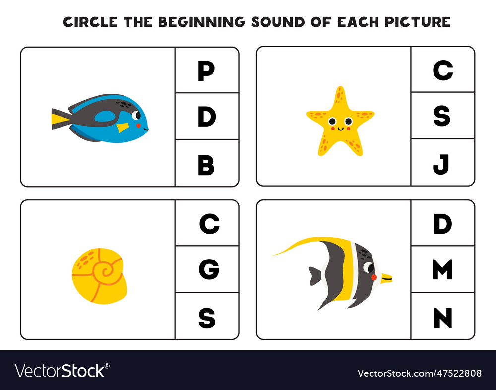 Worksheet for kids find the beginning sound Vector Image