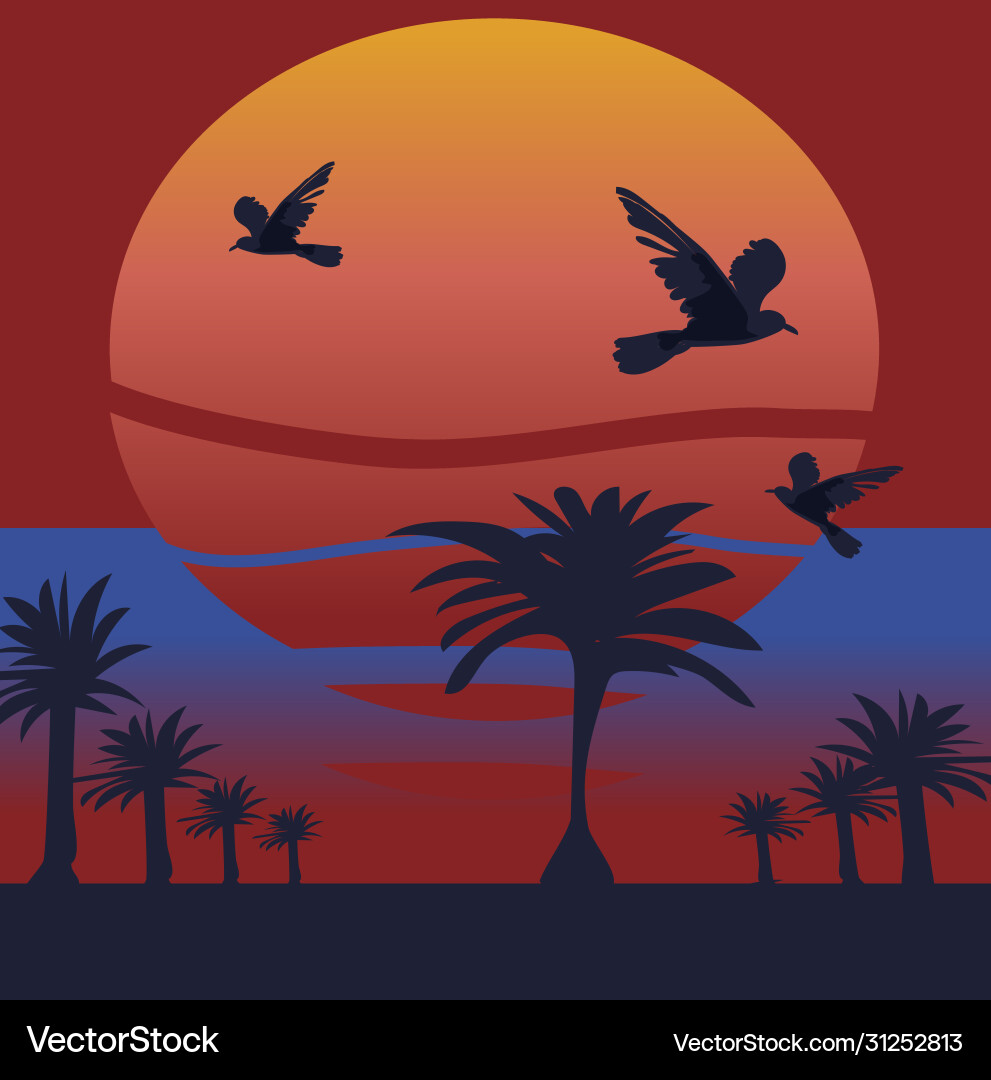 Tropical beach at sunsetbirds are flying Vector Image