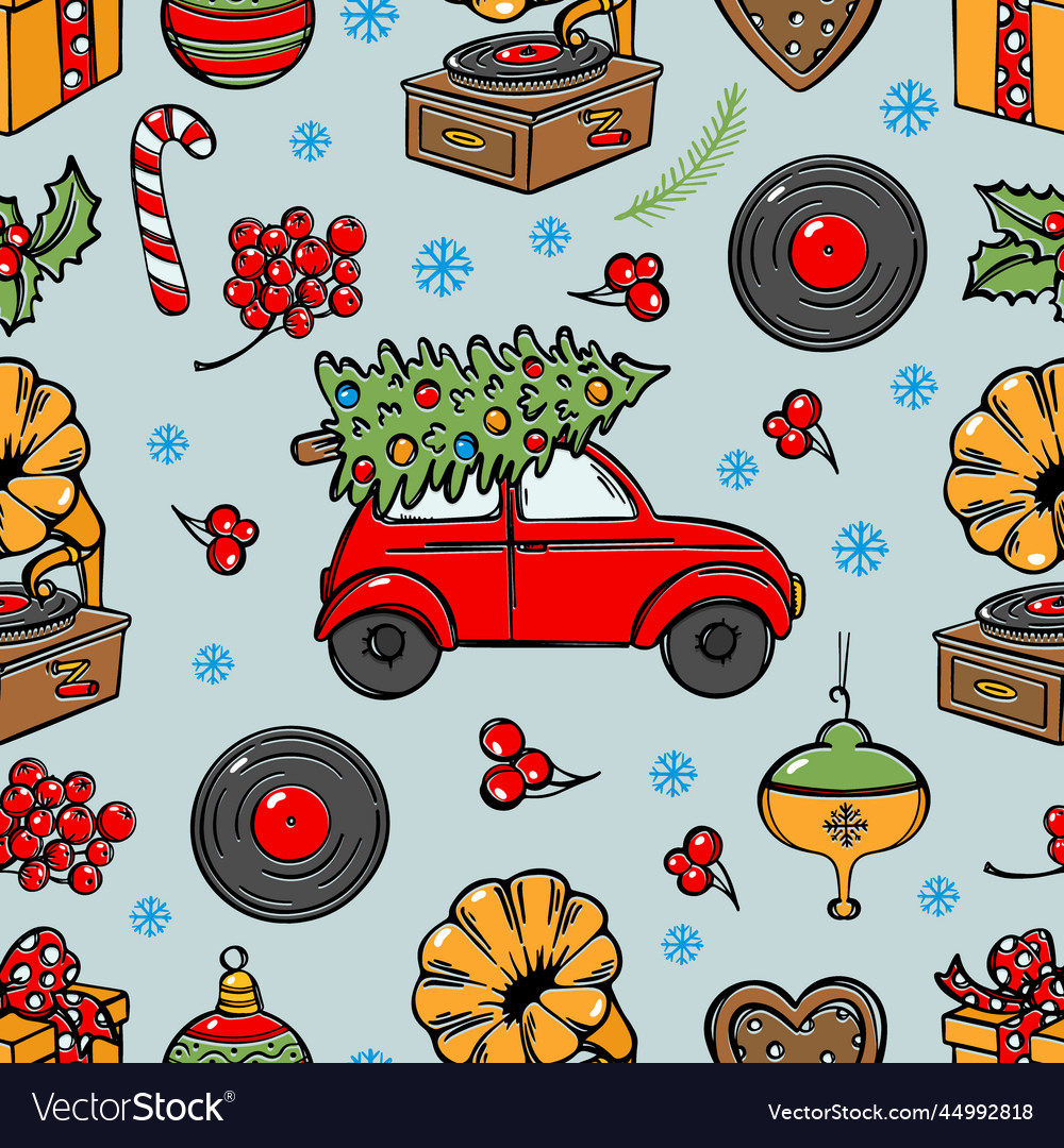 Christmas retro car delivering tree seamless Vector Image