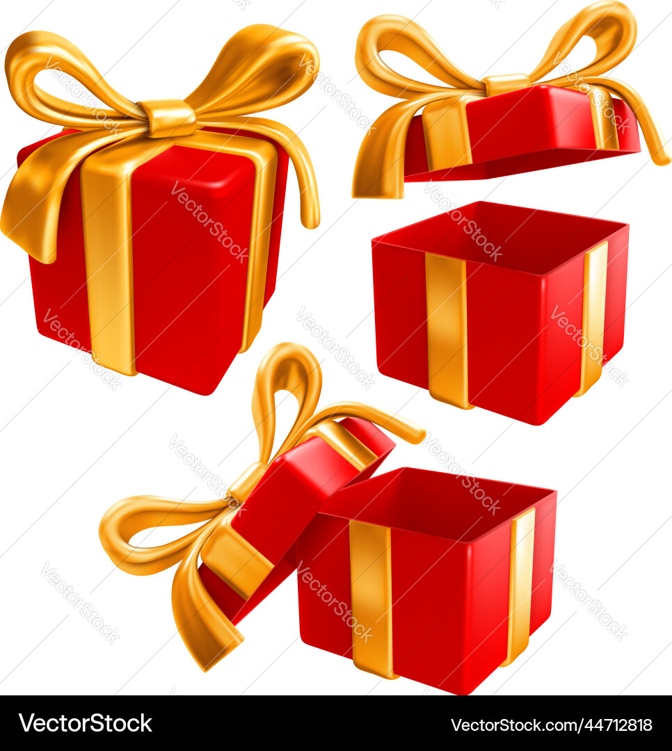 Red gift box with golden bow set open and closed Vector Image