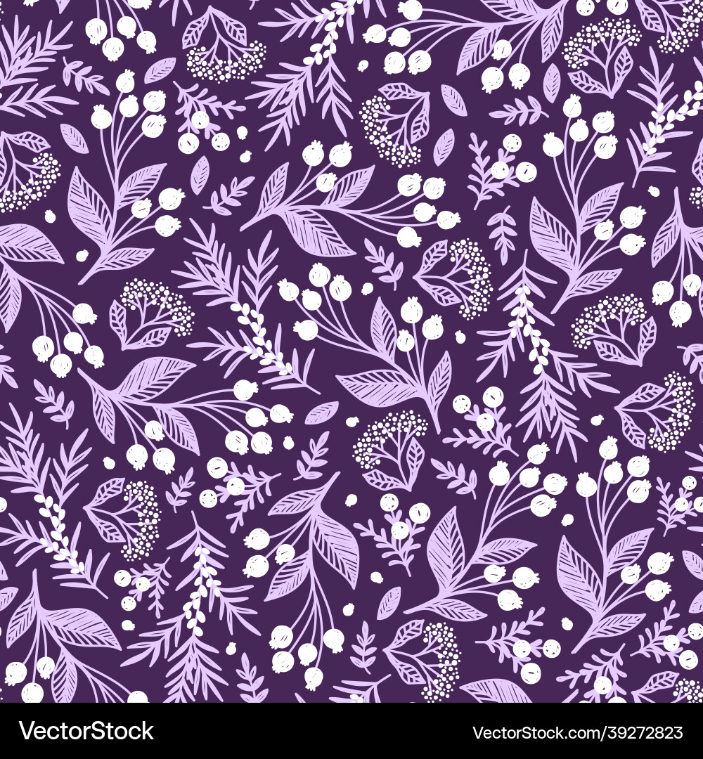 Purple seamless background with white berries Vector Image