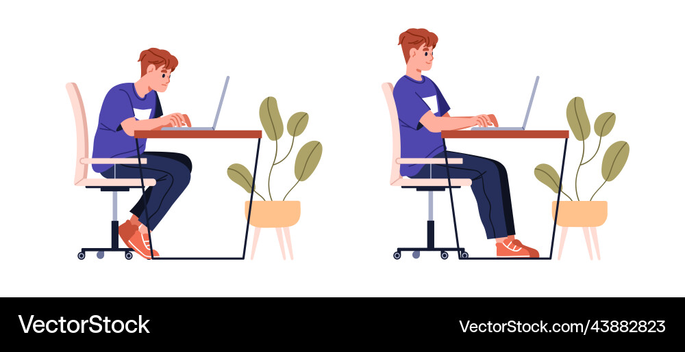 Sitting in bad and good postures at computer desk Vector Image