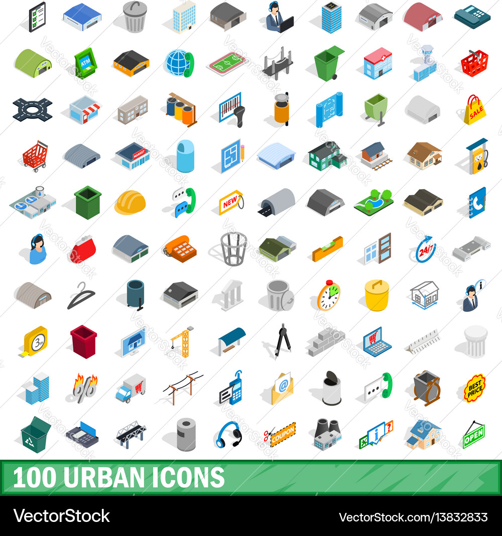100 urban icons set isometric 3d style Royalty Free Vector