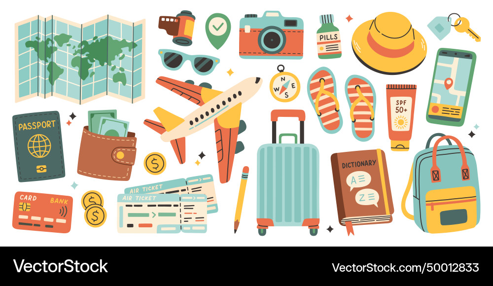 Travel set traveling collection camera and map Vector Image