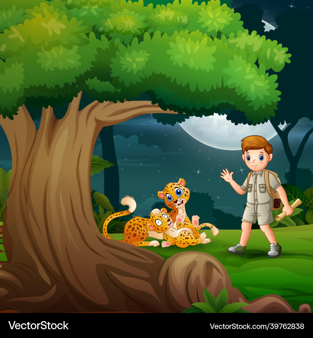 Cartoon the explorer boy and cheetah Royalty Free Vector