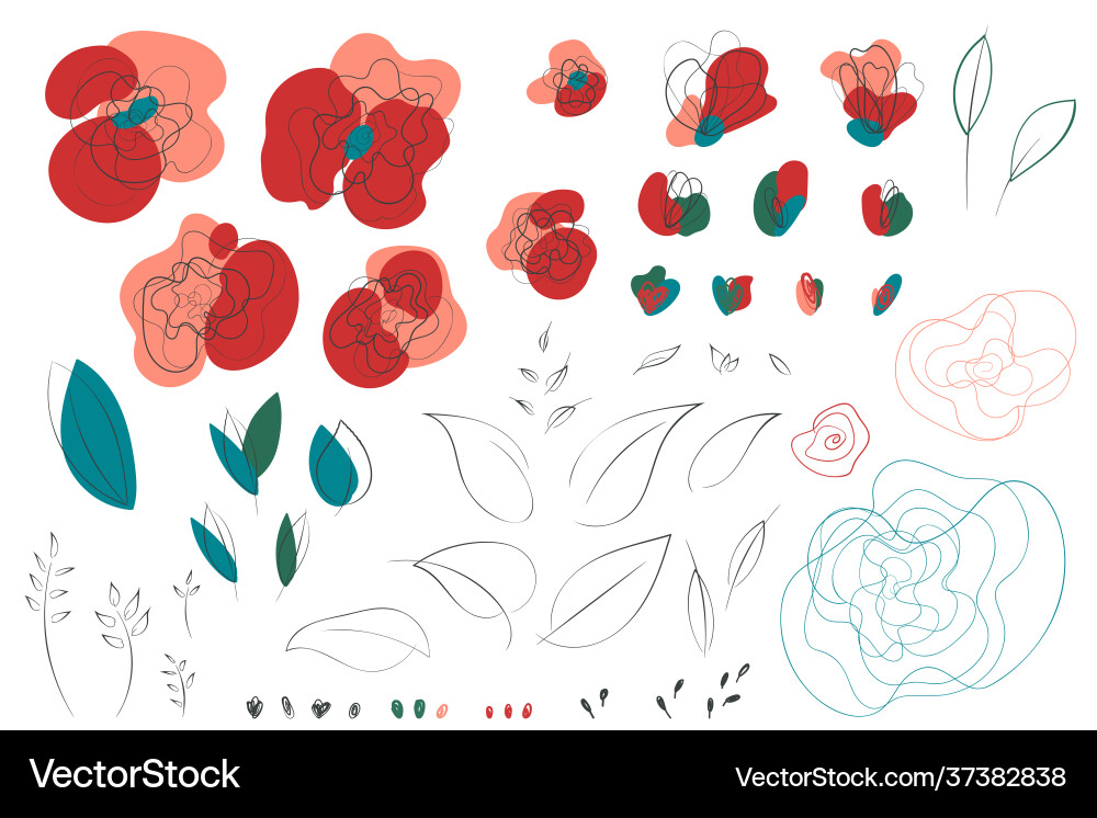Poppy line-art abstract floral elements Royalty Free Vector