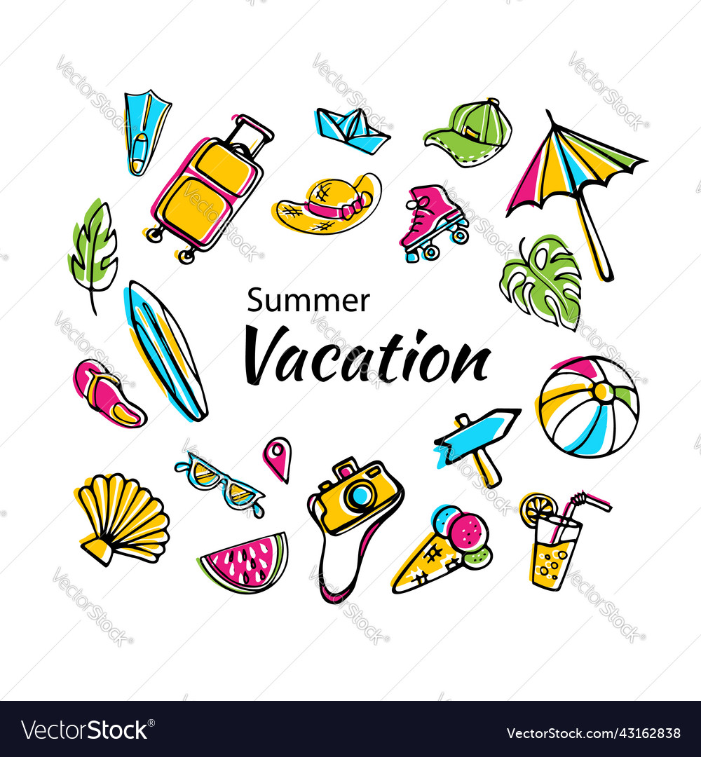 Summer vacation doodle clipart colored sketchy Vector Image