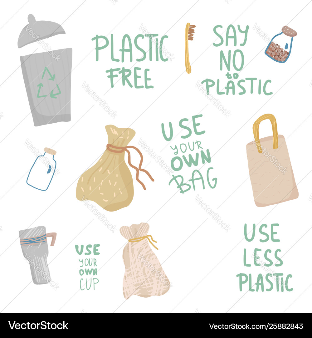 Plastic free concept with text and symbols Vector Image