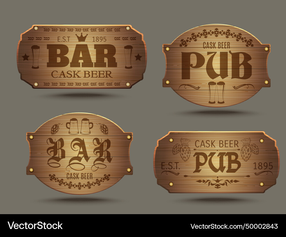 Wooden pub bar signs set Royalty Free Vector Image