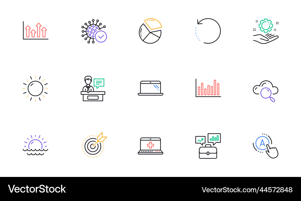 Bar diagram pie chart and sunset line icons Vector Image