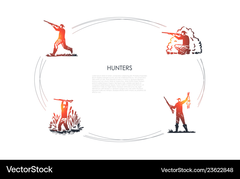 Hunters - men with gun shooting in forest Vector Image