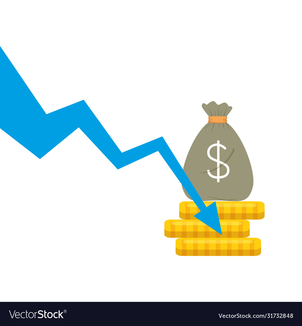 Money bag and coins with decrease arrow Royalty Free Vector