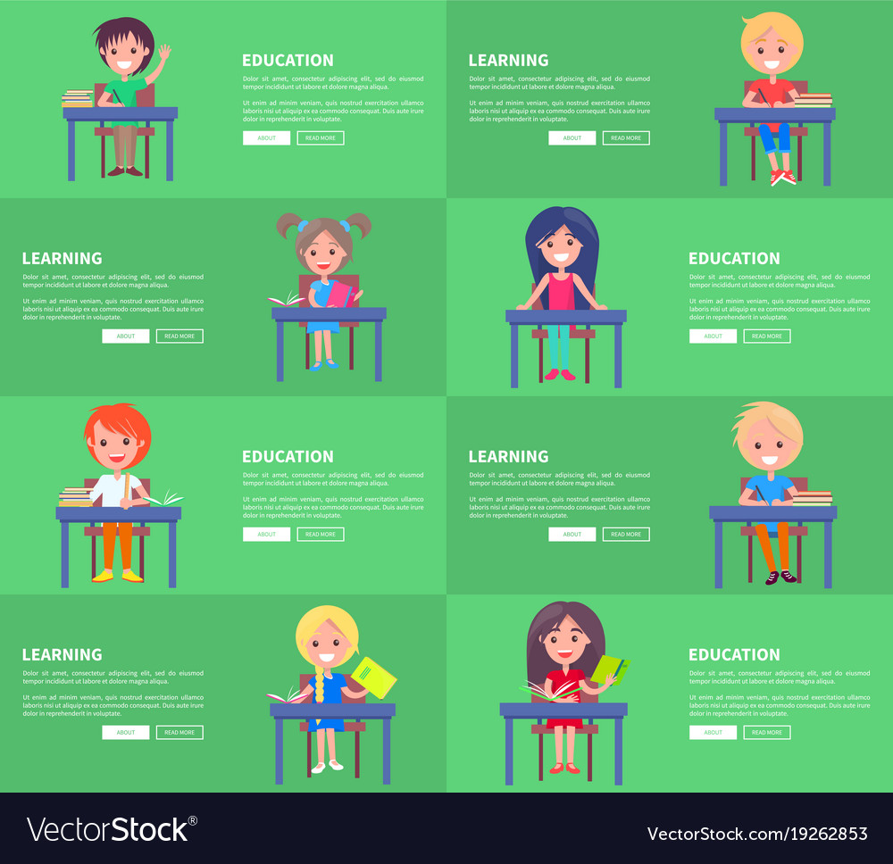 Education and learning set of green posters blocks