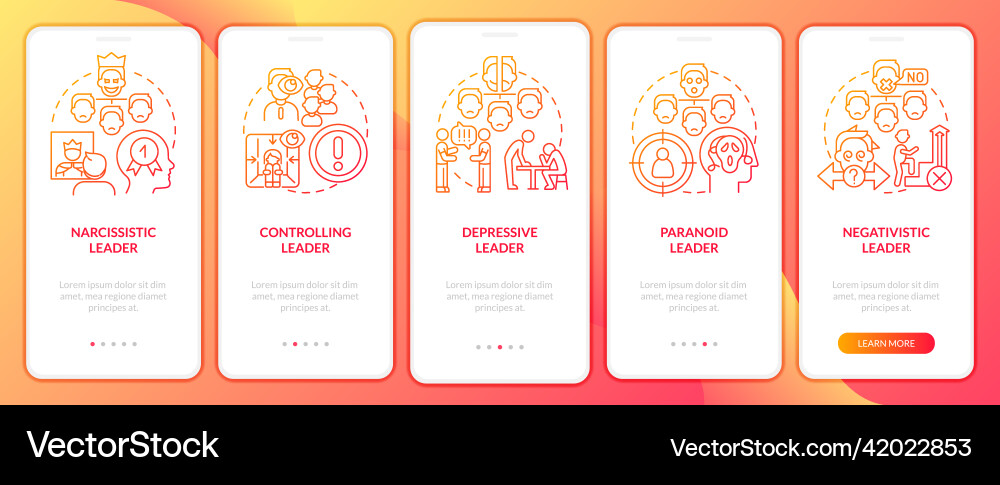 Types of toxic leaders red gradient onboarding Vector Image