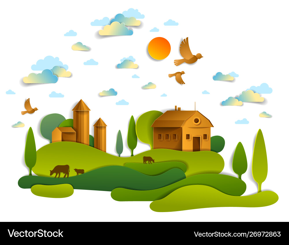 Farm in scenic landscape fields and trees Vector Image