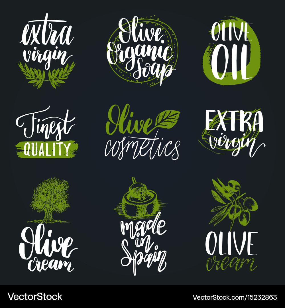 Hand lettering olive production signs Royalty Free Vector