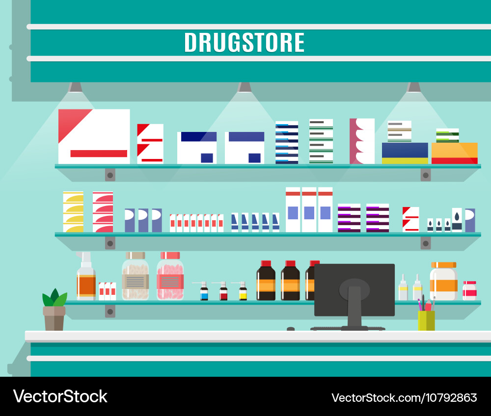 Modern interior pharmacy or drugstore Royalty Free Vector