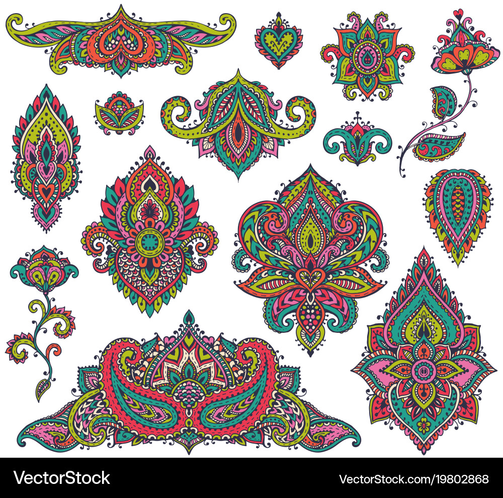 Big set colorful henna floral elements Royalty Free Vector