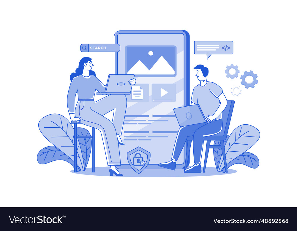 Product team programming mobile app with laptop Vector Image