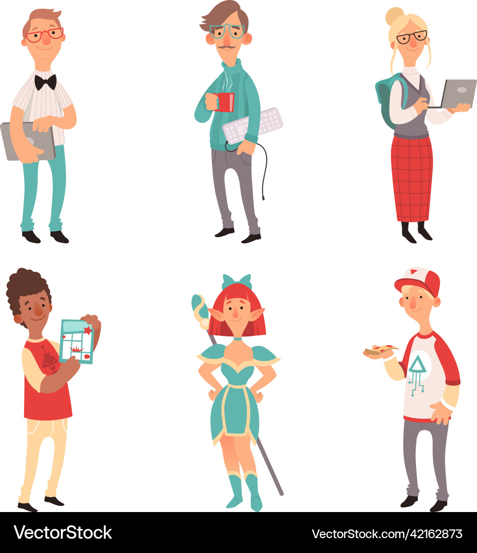 Geek characters girl and boys nerd computer Vector Image