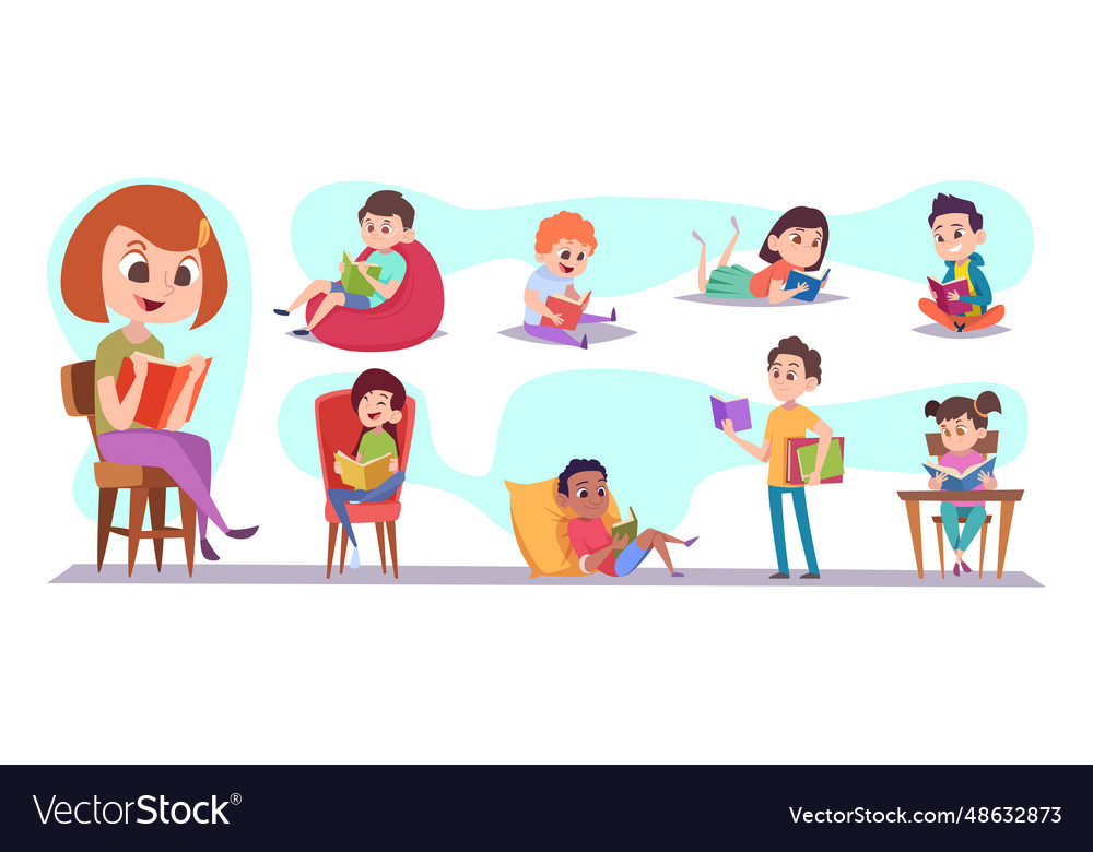 Kids with book education processes in library Vector Image Kids with book education processes in library Vector Image