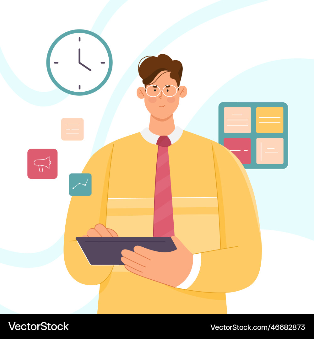 Office worker working with information on tablet Vector Image