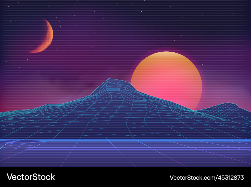 Retro 80s background neon glowing sun and moon Vector Image