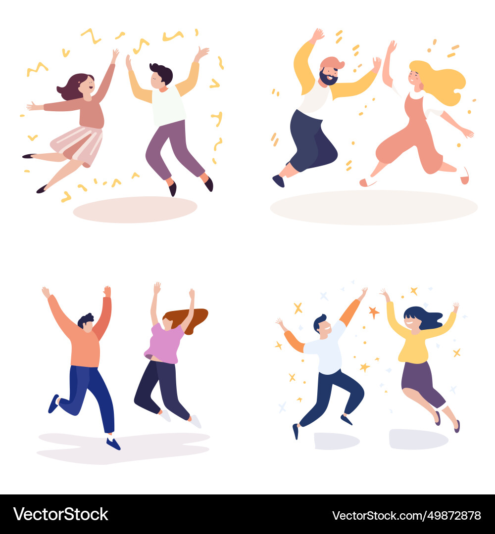 Four diverse people couple jumping with joy Vector Image