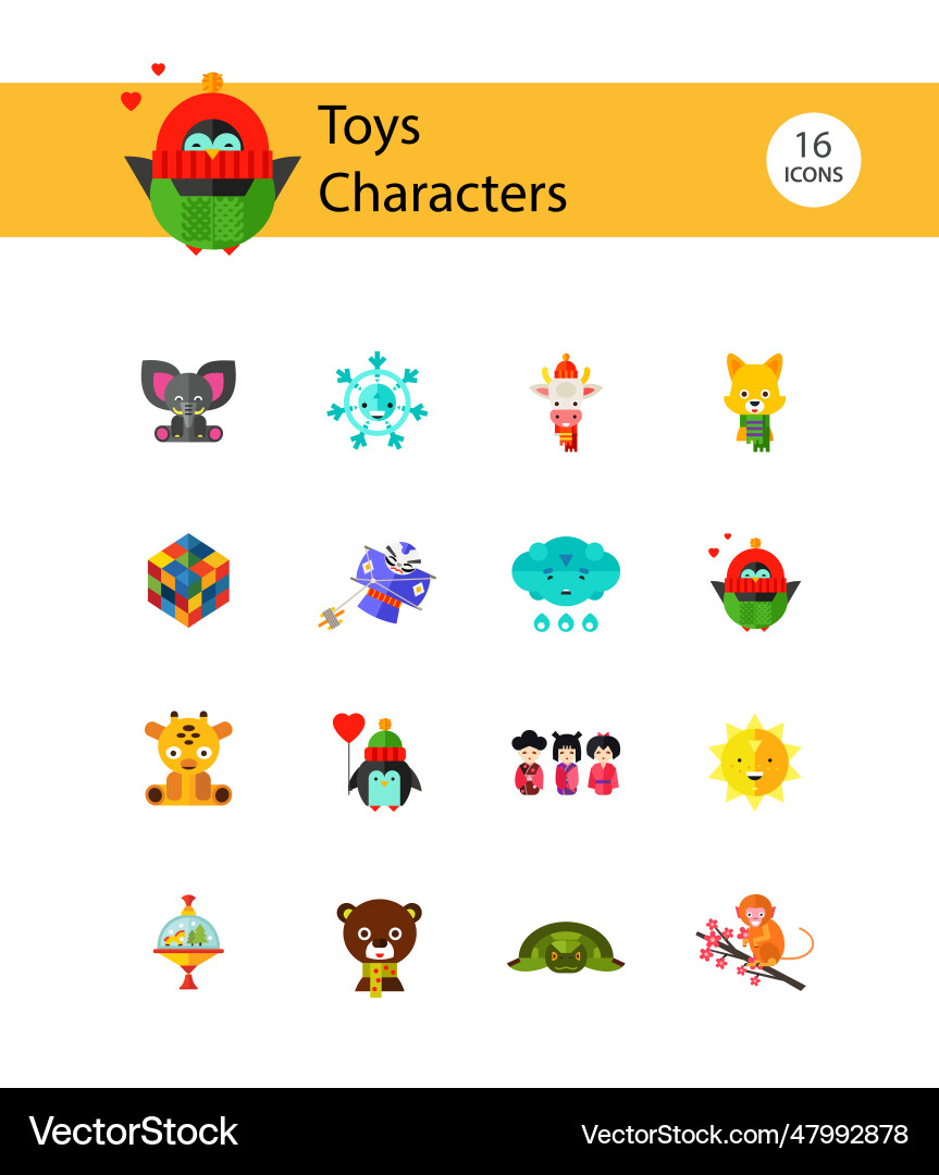 Toys characters icons set Royalty Free Vector Image