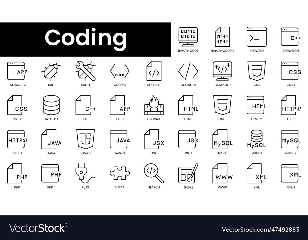 Set of outline coding icons minimalist thin Vector Image