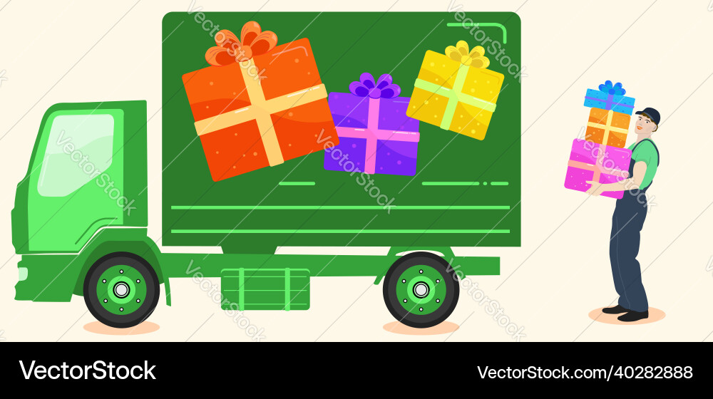Car carries gifts and a man loading Royalty Free Vector
