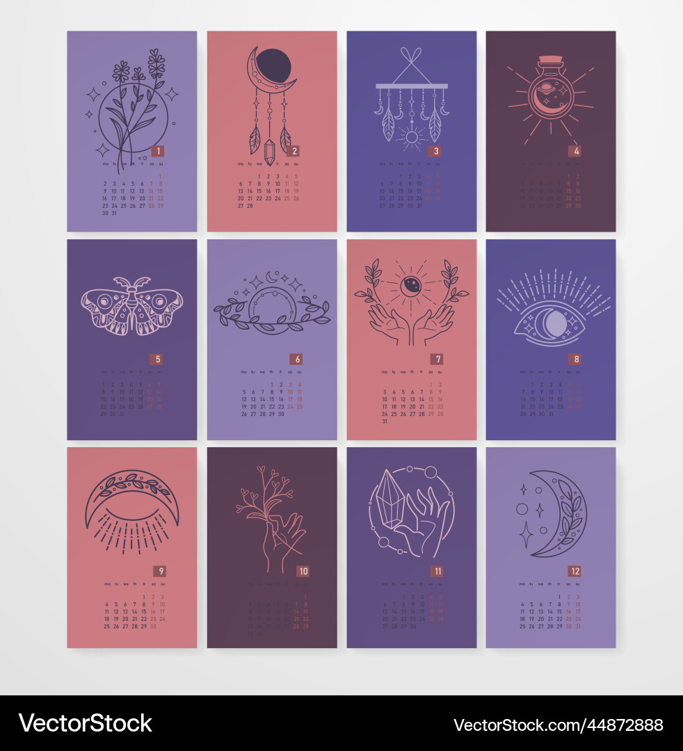 Magic and mystical drawings calendar with date Vector Image