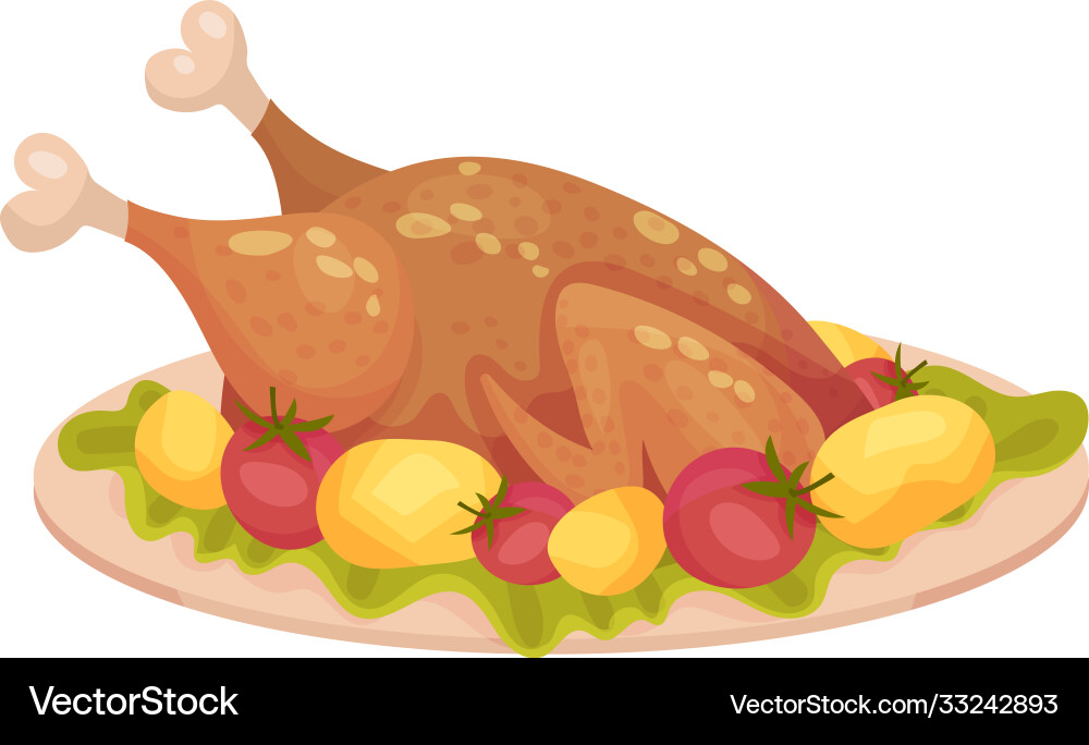 Roasted turkey served on plate with potatoes Vector Image