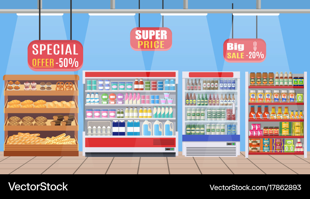 Supermarket store interior with goods b Royalty Free Vector