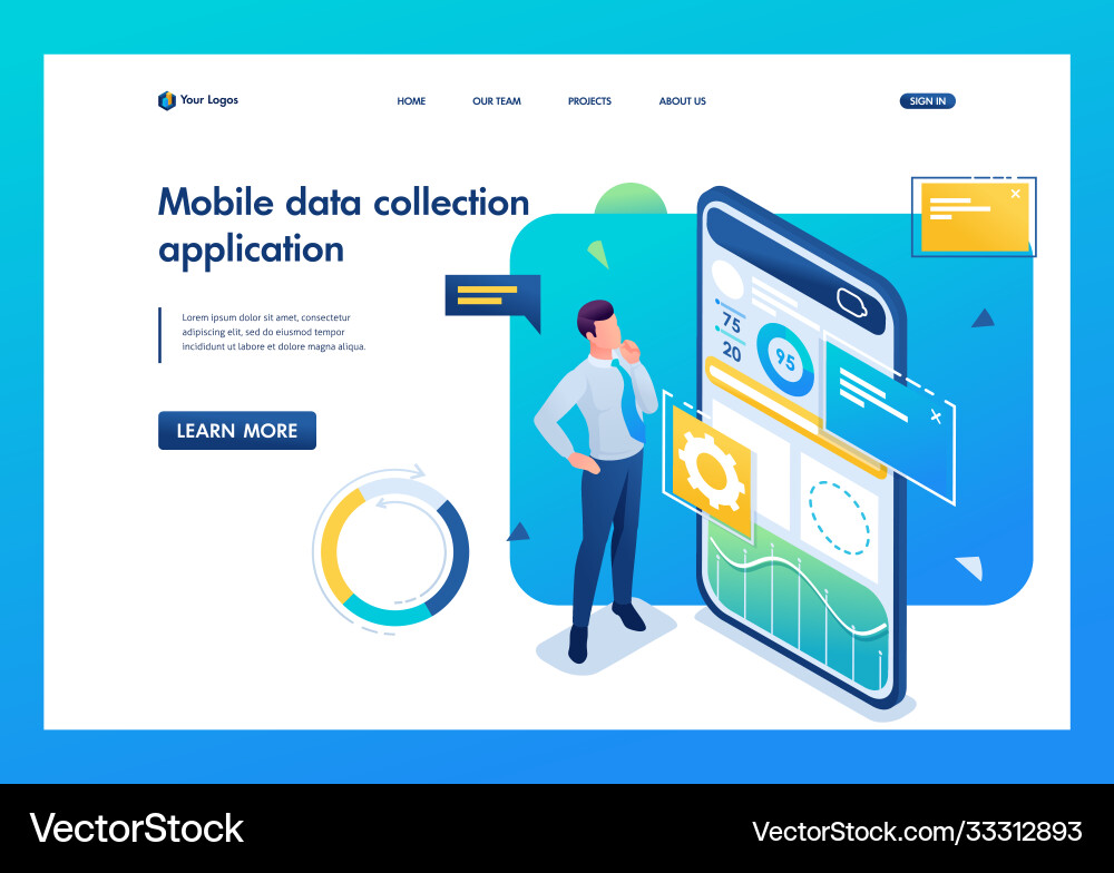 Young man works on a mobile app 3d isometric Vector Image