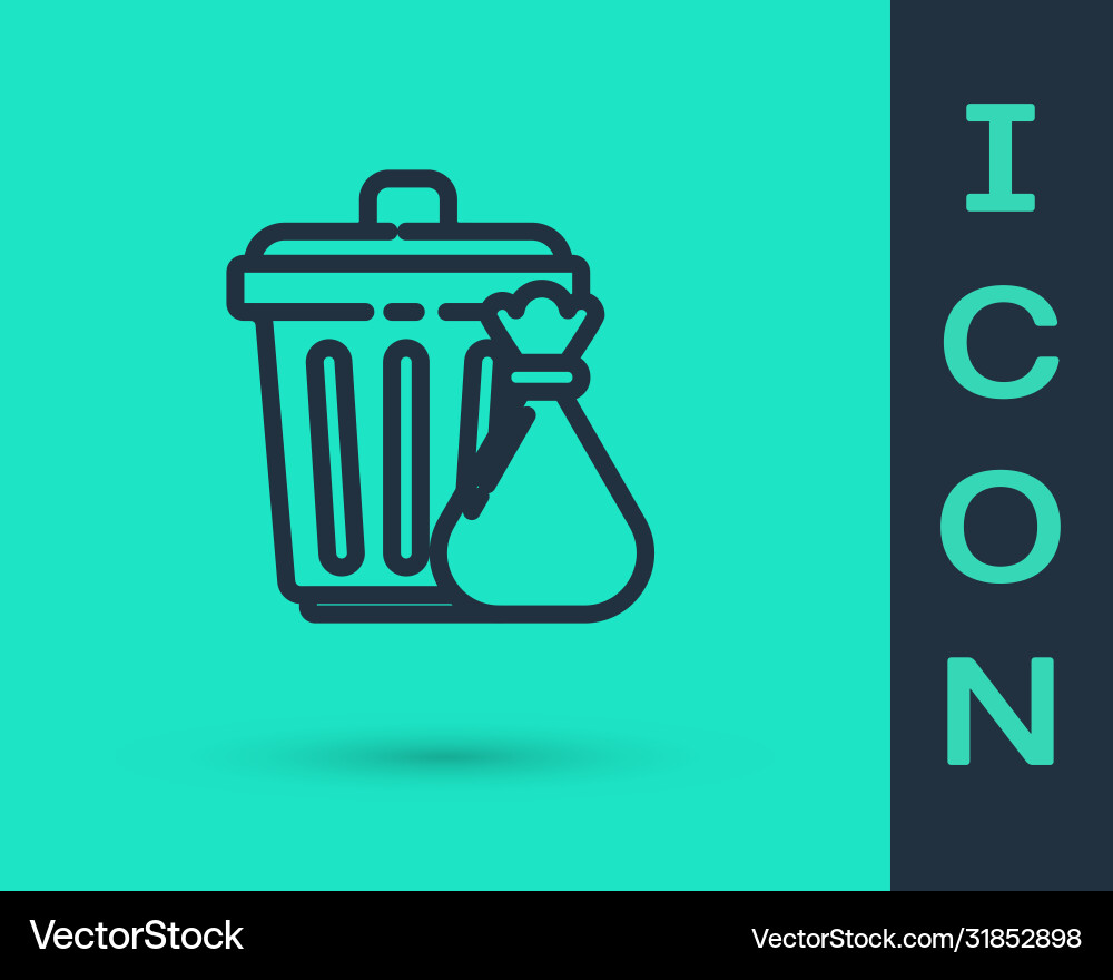 Black line trash can and garbage bag icon isolated