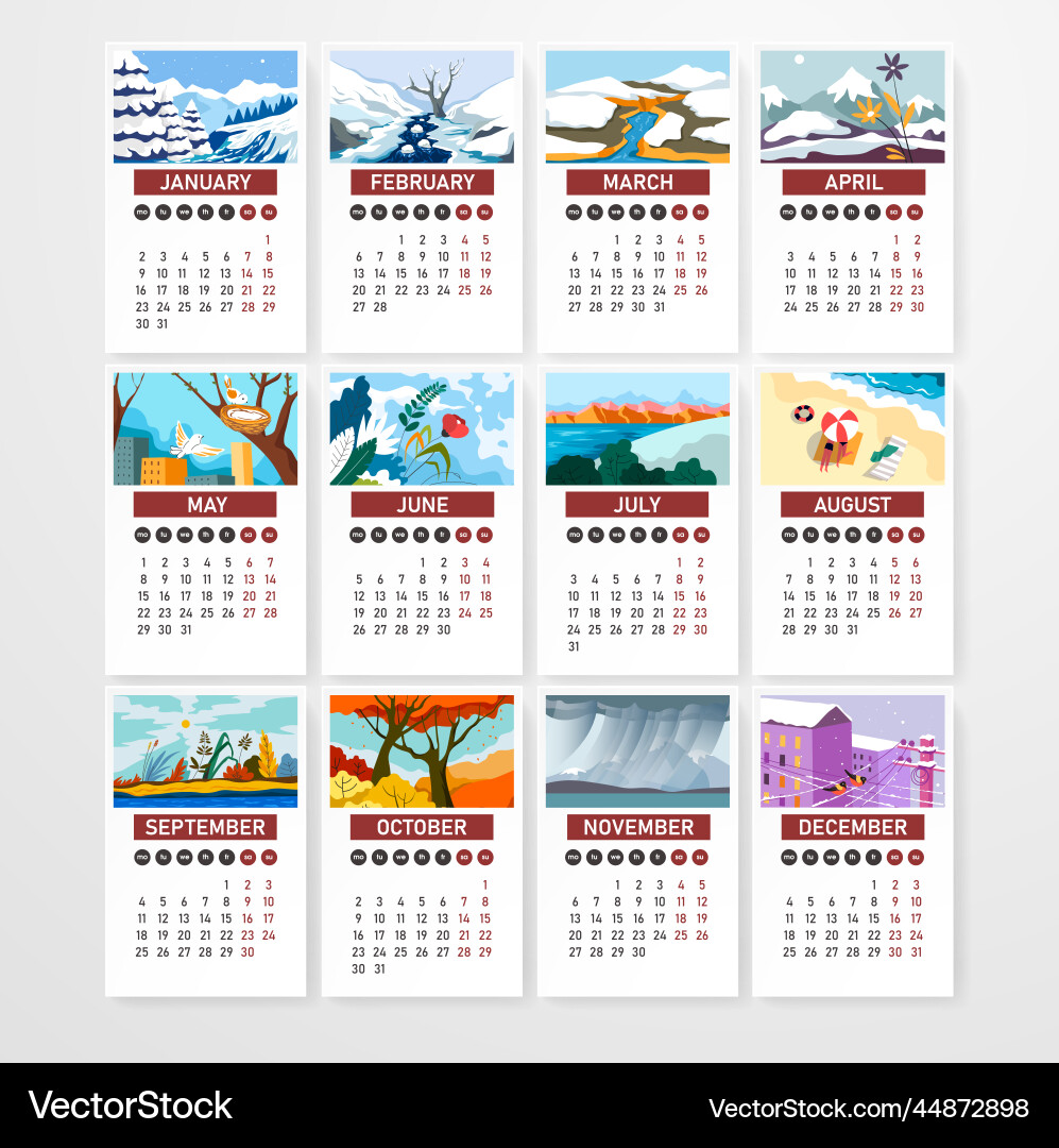 Calendar with dates and days landscapes Royalty Free Vector