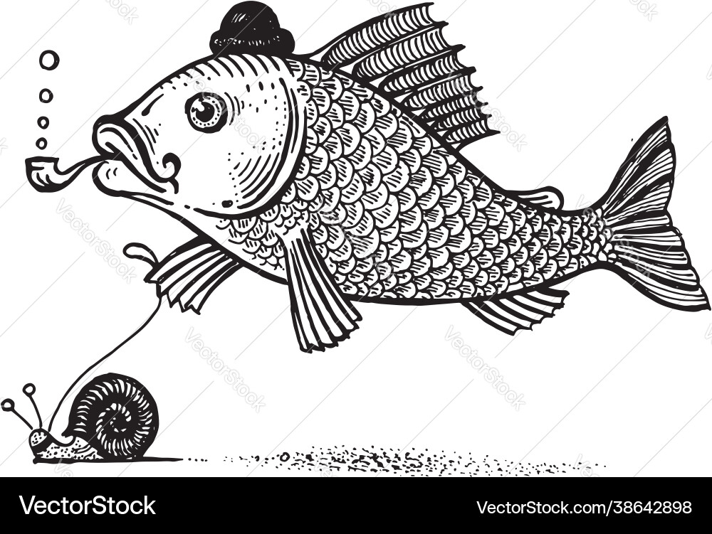 Fish on a walk with a snail on a leash Royalty Free Vector