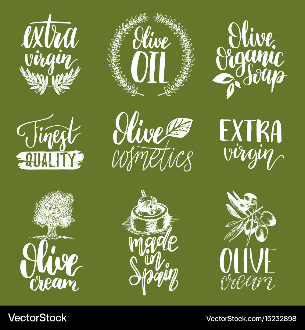Hand lettering olive production signs Royalty Free Vector