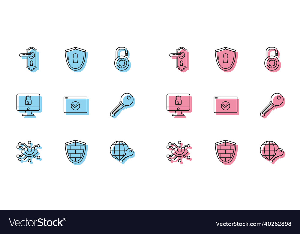 Set Line Eye Scan Shield With Cyber Security Vector Image