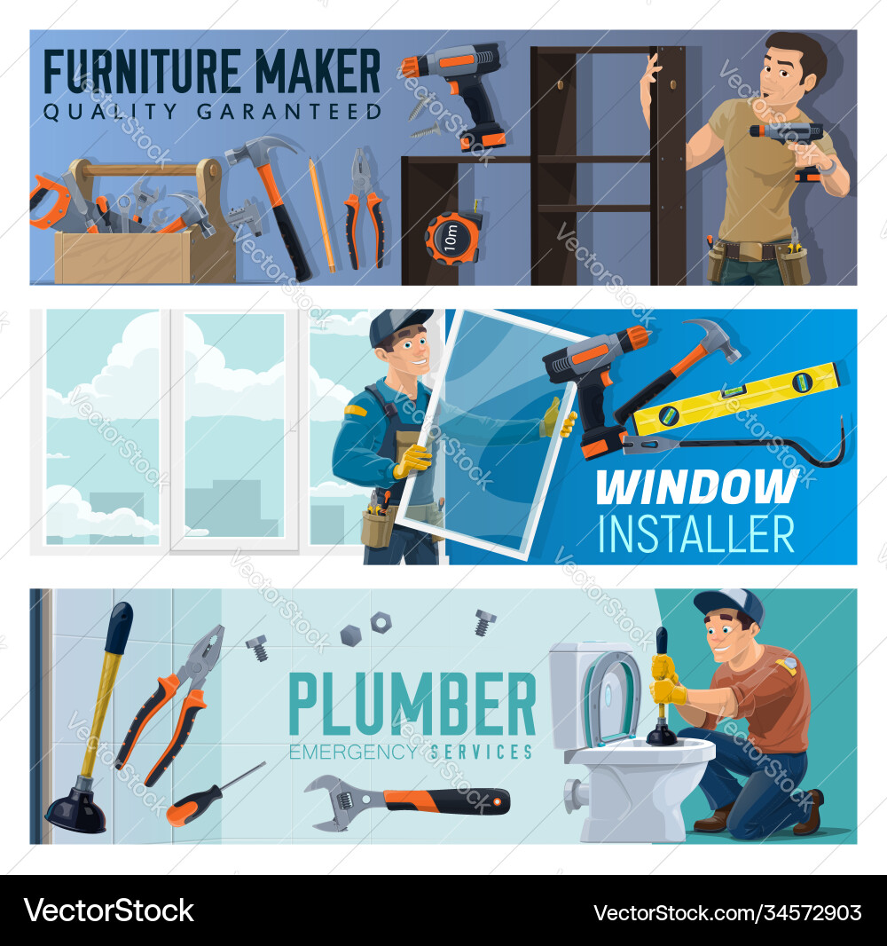 Furniture window install plumber banner Royalty Free Vector