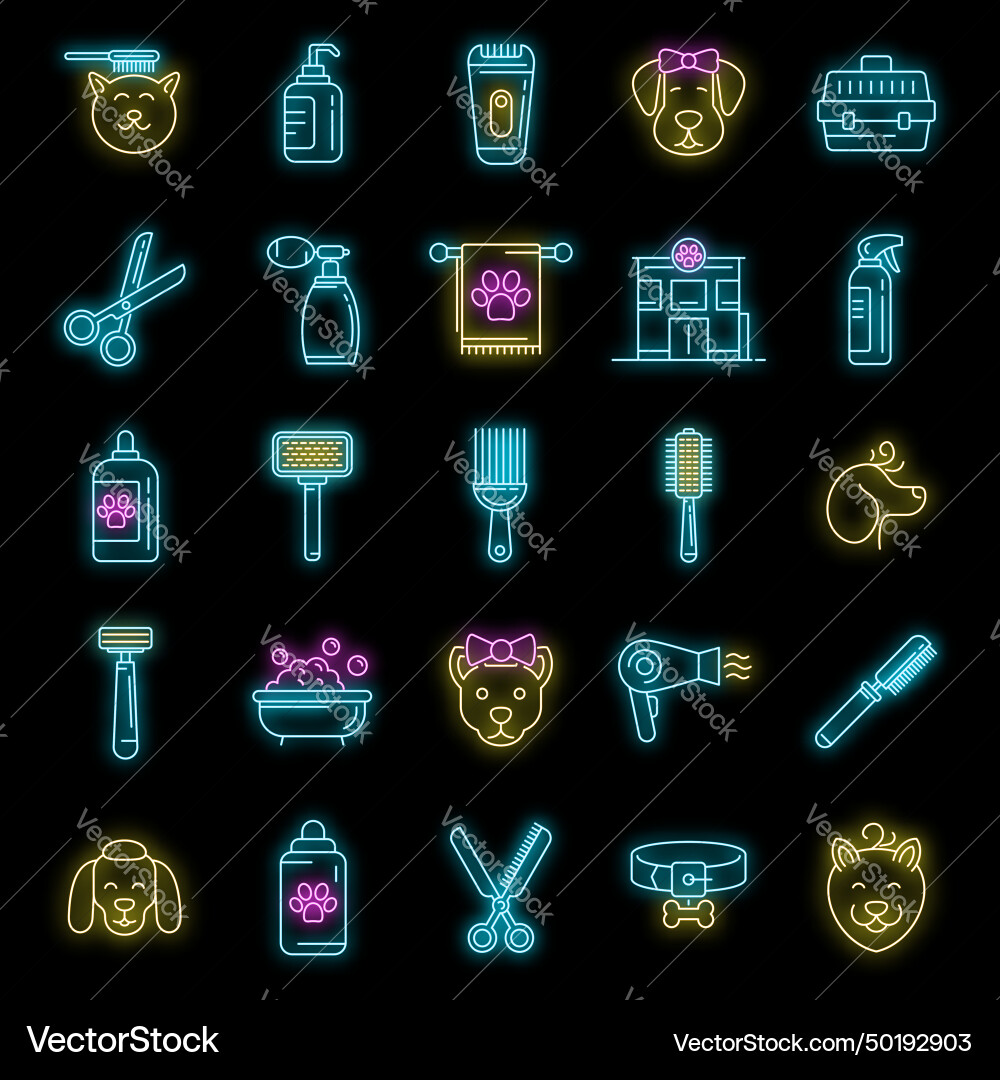 Groomer icons set neon Royalty Free Vector Image