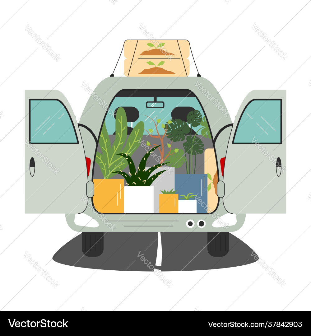 Van trunk is open and full houseplants land Vector Image
