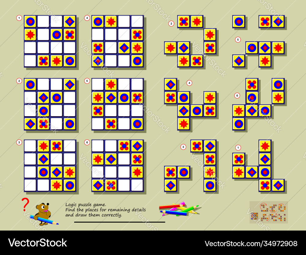 Logic puzzle game need to find correct places Vector Image