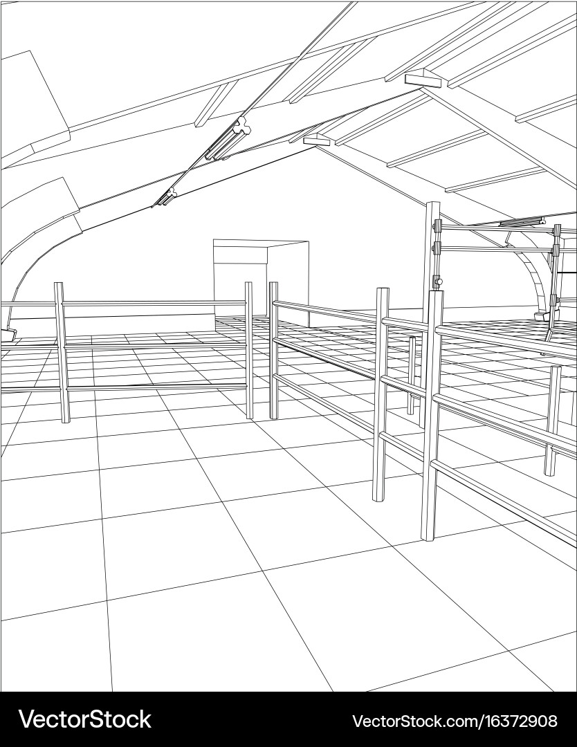 Wire-frame industrial building indoor on the white