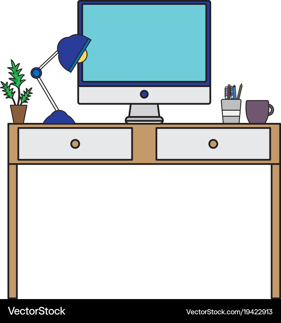 Colorful office desk with lamp and computer screen