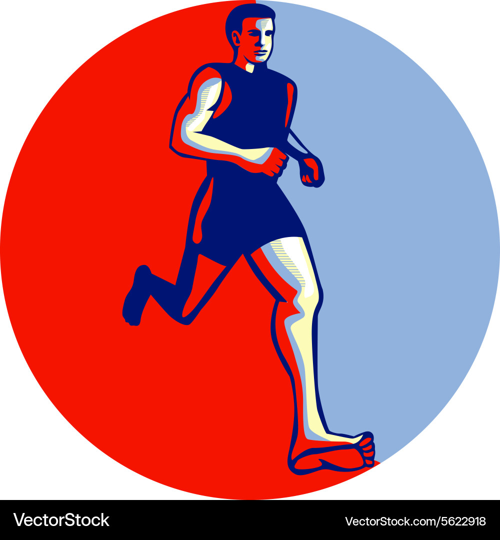 Barefoot runner running front circle Royalty Free Vector